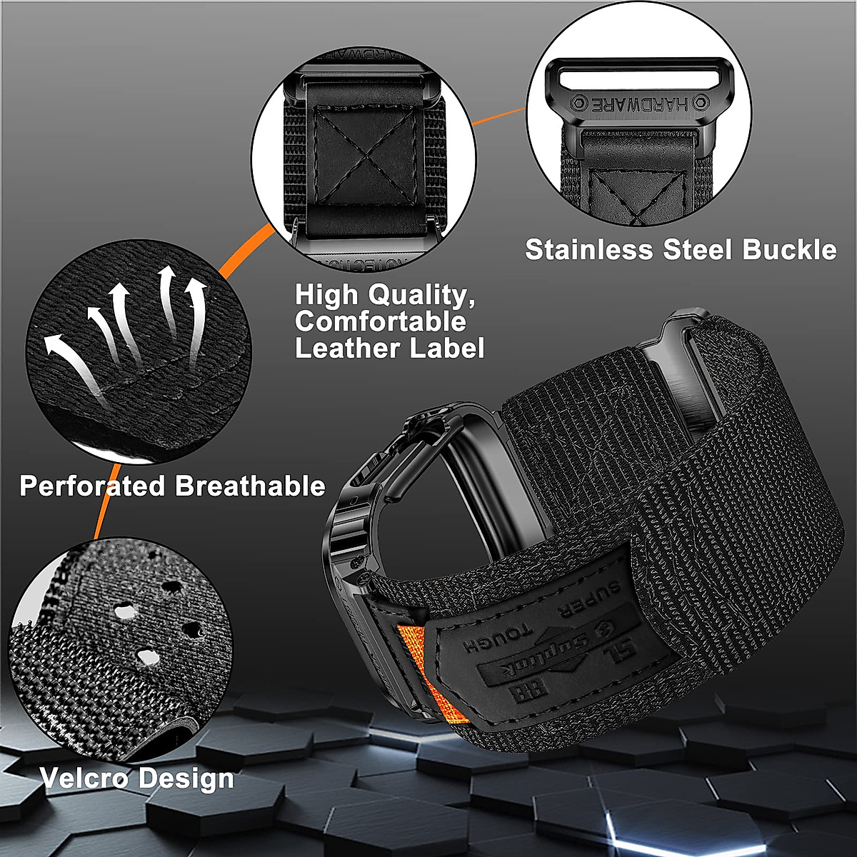 SUPLINK Stainless Steel Case and Nylon Bands Compatible with Apple Ultra 1/2 Watch Band 49mm for Men,Rugged Metal Cover Bumper Sport Strap for iWatch Series Ultra 2/Ultra 1 SE 9 8 7 6 5 4 3 2 1 Black