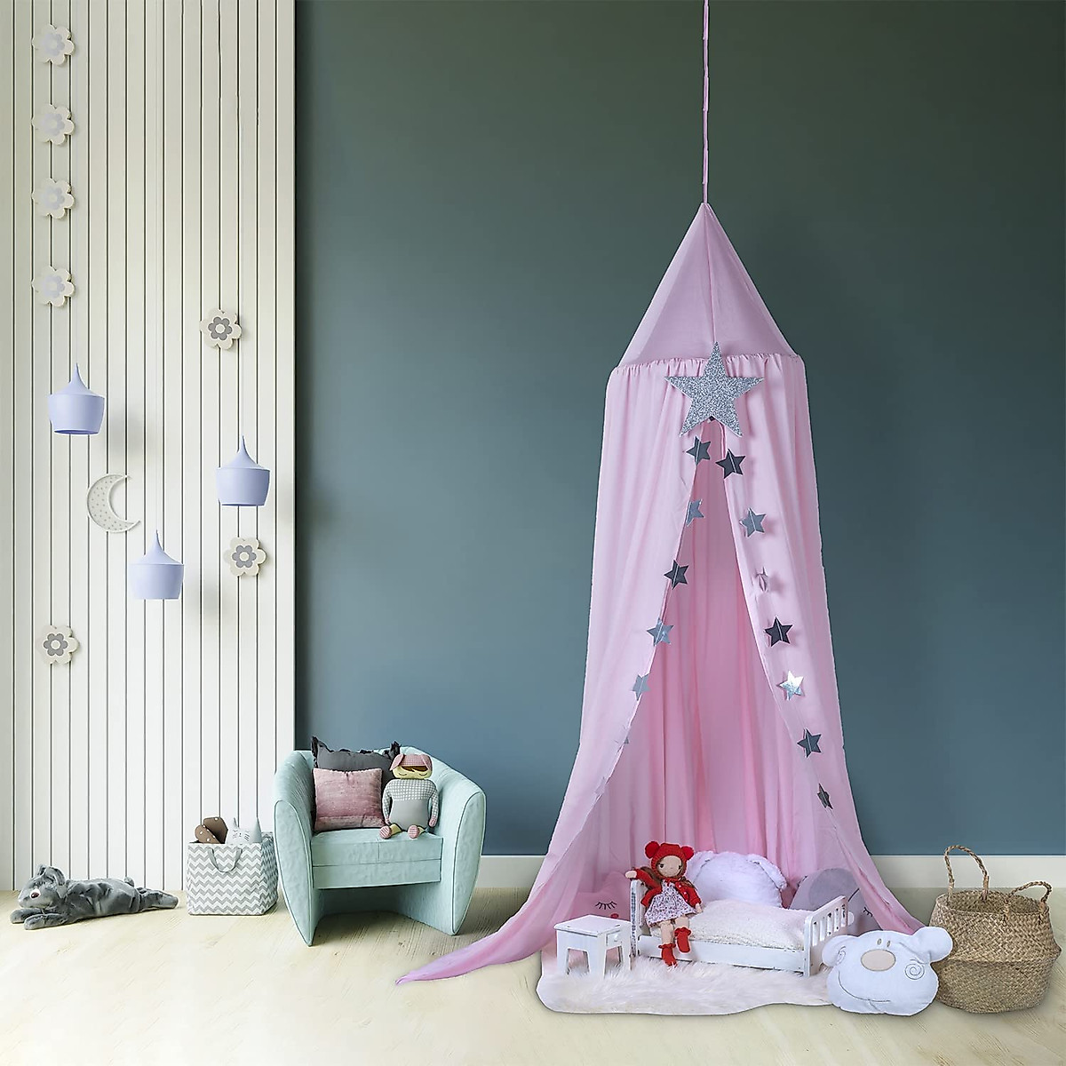 Kids Bed Canopy - Play Tent with Dome Hanging from Ceiling for Girls Boys Room - Reading Nook Princess Castle - Girl Bedroom Decor - Mosquito Net On Crib Beds - Bedroom Nursery Baby Corner - Pink