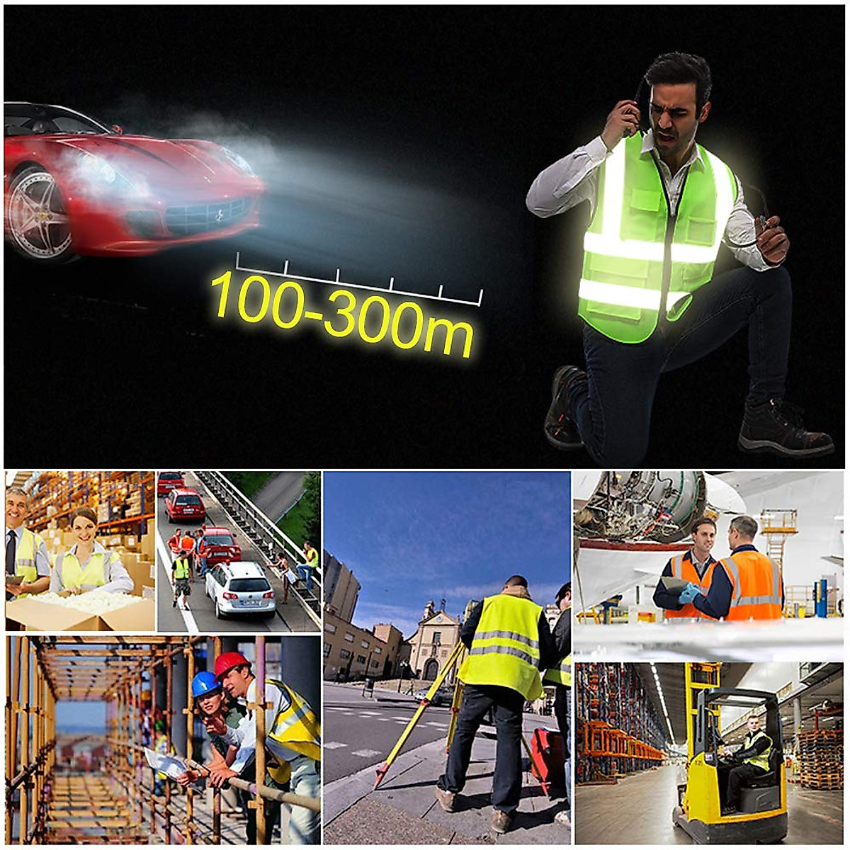 YOWESHOP High Visibility Safety Vest Custom Your Logo Protective Workwear 5 Pockets With Reflective Strips Outdoor Work Vest (Neon Yellow (L))