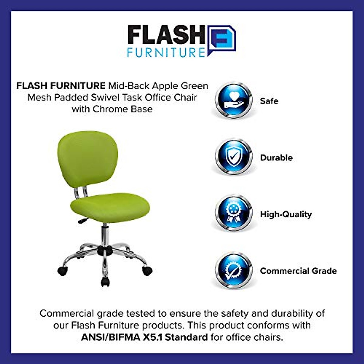 Flash Furniture Mid-Back Apple Green Mesh Padded Swivel Task Office Chair with Chrome Base