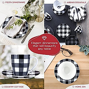 Winter Frost White, Black Modern Kitchen Dinnerware Sets, Indoor and Plates, 16-Piece Plaid Kitchen Plates and Bowls Set with Mugs, Dishwasher Safe