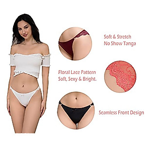 Solavia 6 Pack of Lace Panties for Women, Soft Stretch No Show Tanga, Sexy Cheeky Underwear, Seamless Front Design