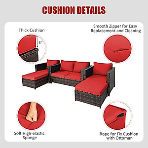 Tangkula 5 Pieces Patio Furniture Set, Outdoor Rattan Sofa Set w/Removable Cushions, Wicker Loveseat w/Single Sofa and Ottoman, Sectional Sofa Conversation Set for Backyard, Garden, Poolside (Red)