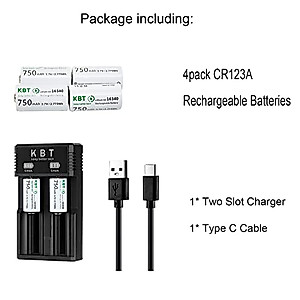 KBT Rechargeable 123A Battery Charger:2 Slot Smart Charger with 4pack 750mAh Lithium Battery for Arlo Camera VMC3030 VMK3200 VMS3230/3330/3430/3530 & Flashlight & Headlamp