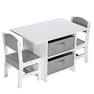 TUOCHUFUN Toddler Table and Chair Set, Wooden Kids Table and Chairs with Storage Baskets Puzzle, Activity Table Playset Furniture with Modern Gray Colors