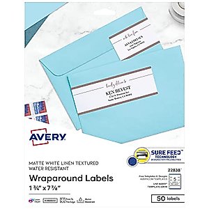 Avery Printable Wraparound Rectangle Labels, 7.85" x 1.75", Textured White, 50 Customizable Labels (22838)