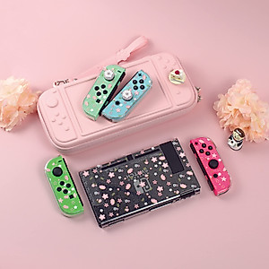 FANPL Glitter Clear Case for Nintendo Switch, Hard Shell Cute Protective Case Cover for Switch and Joy Con Controller with 2 Glitter Cherry Blossoms Thumb Grips - Embossed Feel (Pink Sakura Snow)
