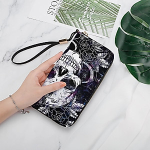 QSMX Wallets for Women Teen Girls Boys,Cool Skull Snake Rose Gothic Style Card Cash Envelope Clutch Bag Customize Leather Long Handbag Case with Removable Wristlet Chaines