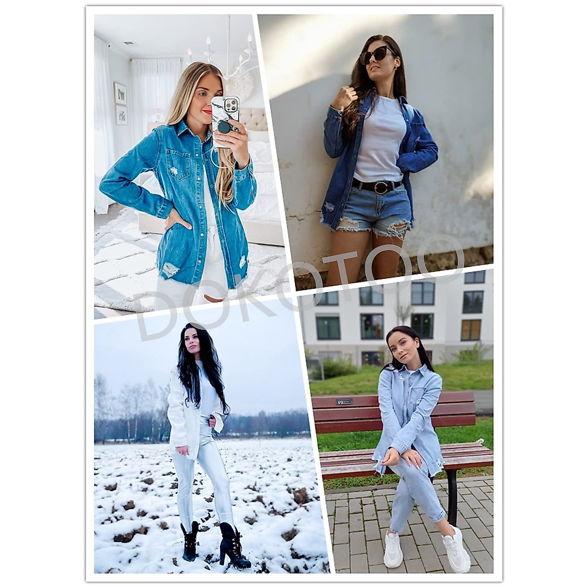 Dokotoo Jean Jacket Women Fashion Spring Summer Country Concert Outfits Casual Long Sleeve Denim Shirt Distressed Boyfriend Denim Jacket Shackets Western Jean Jacket Womens Clothing Green Jackets XL