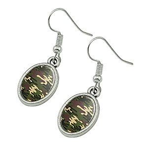 Green Camouflage Novelty Dangling Drop Oval Charm Earrings