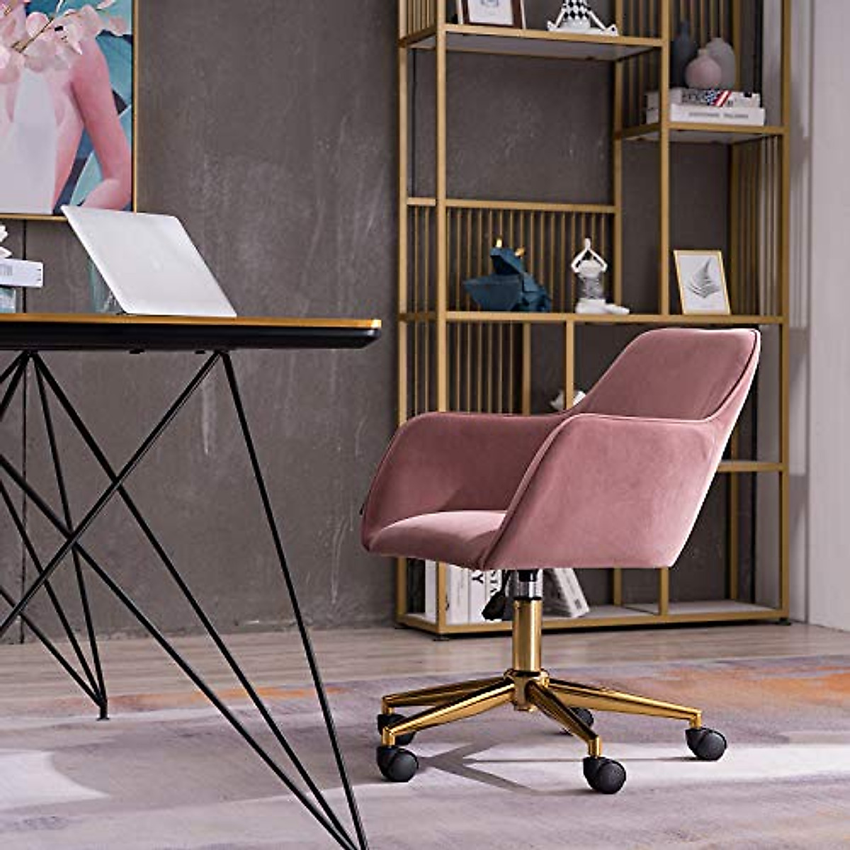 Goujxcy Desk Chair,Modern Velvet Fabric Office Chair,360° Swivel Height Adjustable Comfy Upholstered Leisure Arm Accent Chair (Pink)