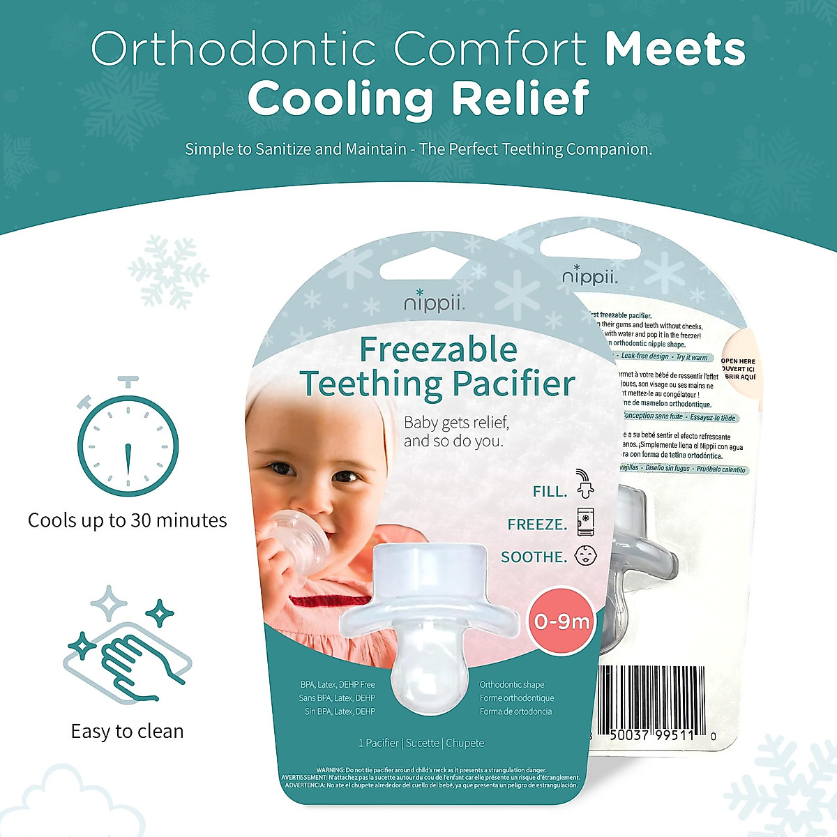 Nippii Freezable Orthodontic Pacifier for Teething - Orthodontic Design Teething Pacifier for Baby Teething Relief - Medical Grade Silicone Pacifier