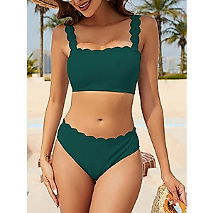 ZAFUL Scalloped Swimsuits for Women High Waisted Bikini Sets Padded Tummy Control 2 Piece Swimwear 7-Deep Green M