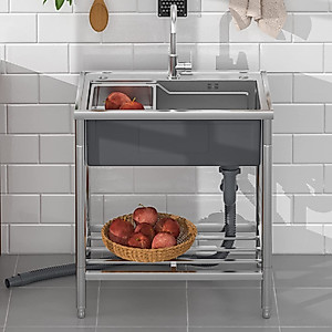 Freestanding Stainless Steel Sink Commercial Restaurant Sink Single Bowl Outdoor Sink with Cold and Hot Water Pipe Undershelf Faucet for Cafe, Bar,Hotel,Garage,Laundry Room,28.3"D x 19.3"W x 31.5"H