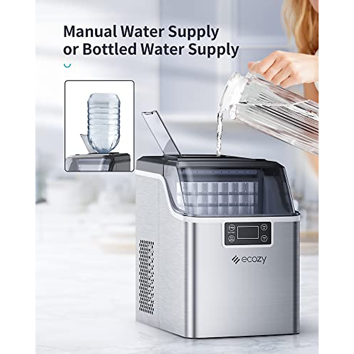 ecozy Portable Ice Makers Countertop, 44lbs Per Day, 24 Cubes Ready in 13 Mins, 2 Ways to Add Water, Self-Cleaning Ice Maker with Ice Bags/Ice Scoop/Ice Basket for Home Office Bar Party, Silver