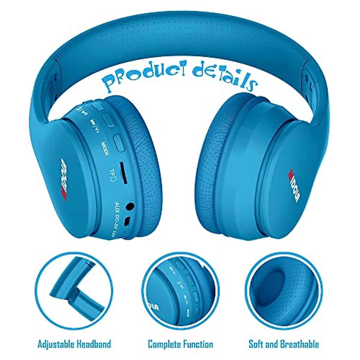 MIDOLA Headphones Bluetooth Wireless Kids Volume Limit 85dB /110dB Over Ear Foldable Noise Protection Headset AUX 3.5mm Cord Mic for Children Boy Girl Travel School Phone Pad Tablet PC Blue