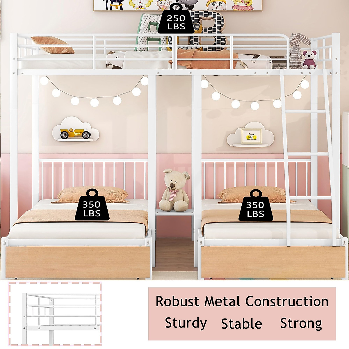 Metal Triple Bunk Bed Full Over Twin & Twin, Full Over Twin & Twin Bunk Bed with Storage Drawers, 3 Bunk Beds/Convertible Into 3 Beds, Metal Triple Bunk Beds for Kids,Teens, Girls(White)