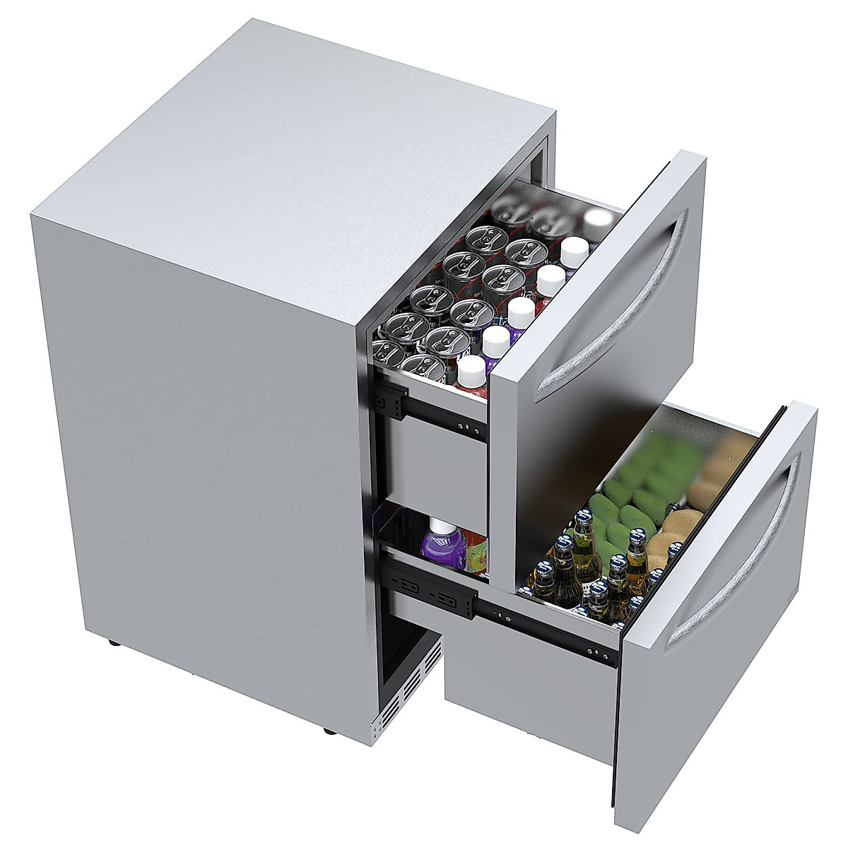 REALONE 24 Inch Under Counter Refrigerator, Stainless Steel Built-in Freestanding Double Drawers Fridge, Beverage Fridge Refrigerator, Digital Display Weatherproof for Outdoor Commercial Home Use