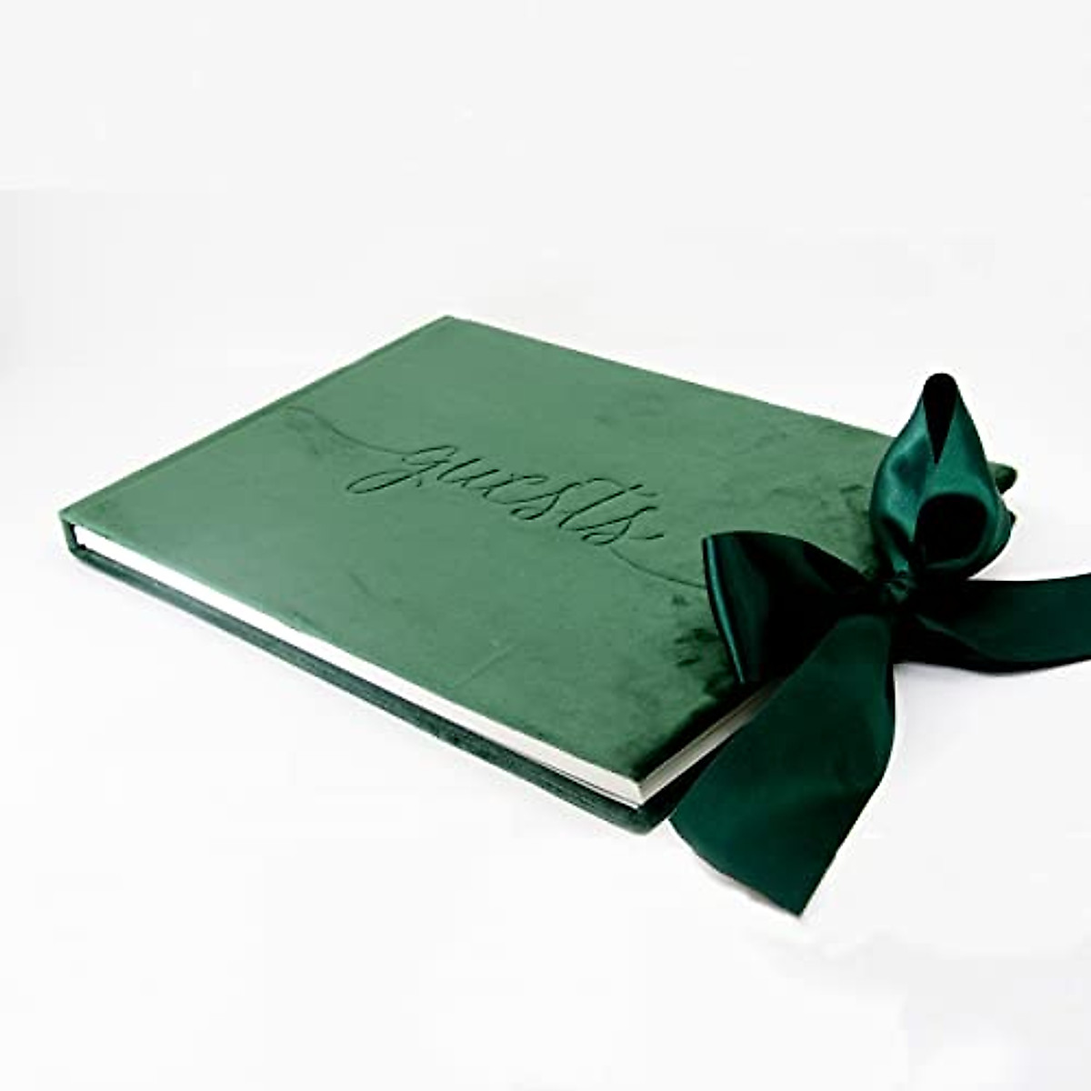 Rosh Pinnah Luxury Velvet Guest Book (96 Pages) - Sign-in Registry Guestbook & Keepsake & Polaroids Album Book – Velvet Hard Cover with Satin Ribbon - 7” x 10" (Green)