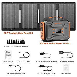 Portable Solar Generator, 300W Portable Power Station with Foldable 60W Solar Panel, 110V Pure Sine Wave, 280Wh Lithium Battery Pack with DC AC Outlet for Home Use, RV, Outdoor Camping Adventure