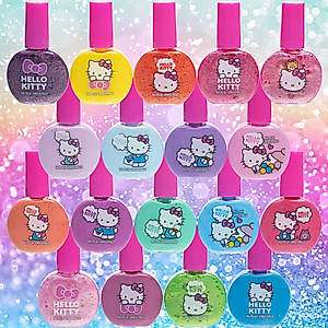 Hello Kitty Non-Toxic Water-Based Peel-Off Nail Polish Set with Glittery, Shimmery & Opaque Colors for Girl Kids Ages 3+, Perfect for Parties, Sleepovers & Makeovers, 18 Pcs