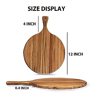 YSTKC Acacia Wood Round Cutting Board with Handle 16" x 12" Inch, Wooden Round Pizza Paddle, Cutting Serving Versatile Board for Kitchen Home Baking, Cheese, Fruits, Vegetables, Bread, Charcuterie