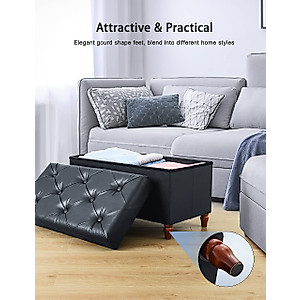 Nicehill 30 inches Folding Storage Ottoman Bench with Wooden Legs, Ottoman with Storage for Living Room & Bedroom,Faux Leather, Load 350lbs, Black