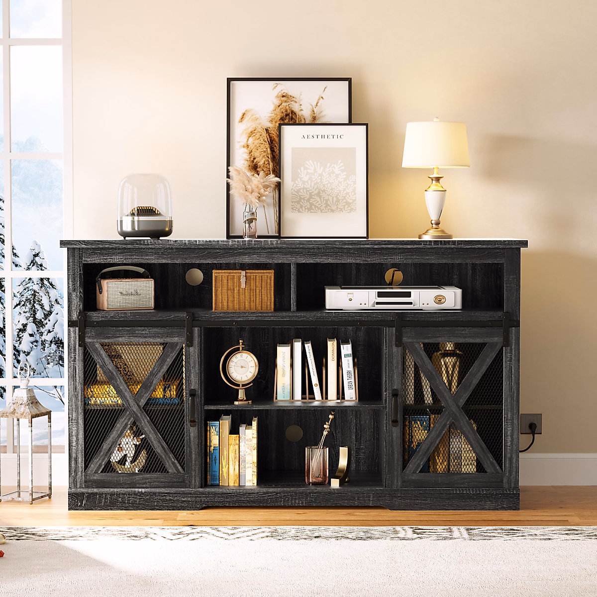 Xilingol Farmhouse TV Stand for 65+ Inch TVs, Tall TV Stands with Power Outlets, Tall Entertainment Center with Sliding Barn Door & Storage Shelves, 65" TV Stands for Living Room, Grey