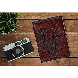 AzureGreen DOUBLE DRAGON Blank Page BOOK Handcrafted Leather Writing Unlined 5 x 7 JOURNAL (Brown)