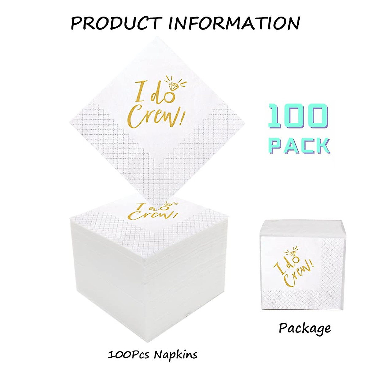 Geloar I Do Crew Cocktail Napkins, 100 Pack Gold I Do Crew Party Supplies Paper Napkins in Bulk for Rehearsal Dinner Bridal Shower Engagement Wedding Beverage Table Decorations | 2-Ply, 5x5 Inches