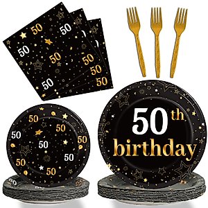 gisgfim 96 Pcs 50th Birthday Party Supplies Paper Plates Napkins Golden Happy Fifty Theme 50th Birthday Decorations Favors for Man and Women Serves 24