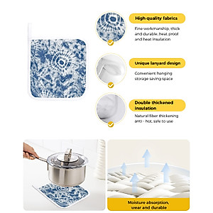 Pot Holders for Kitchen Spiral Tie Dye Pattern Heat Resistant Potholders Blue Color Dyed Batik Ethnic Style Hot Pads Non Slip Kitchen Pot Holders Set of 2 for BBQ Cooking Baking Grilling
