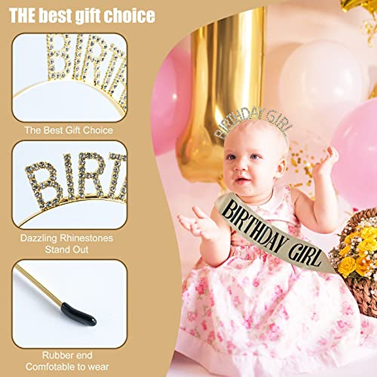 Birthday Crowns for Women, Birthday Girl Sash and Birthday Tiara for Women Girls Set,Birthday Girl Headband Princess Rhinestone Crown,Sweet Happy Birthday Gifts Party Decorations Hair Accessories,Gold