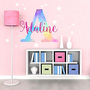 Girls Nursery Shimmer Rainbow Printed Initial and Stars Custom Personalized Name and Initial Kids Vinyl Wall Decal, Wall Sticker Decor for Babies (Multi-Size Choices). (Shimmer Rainbow)