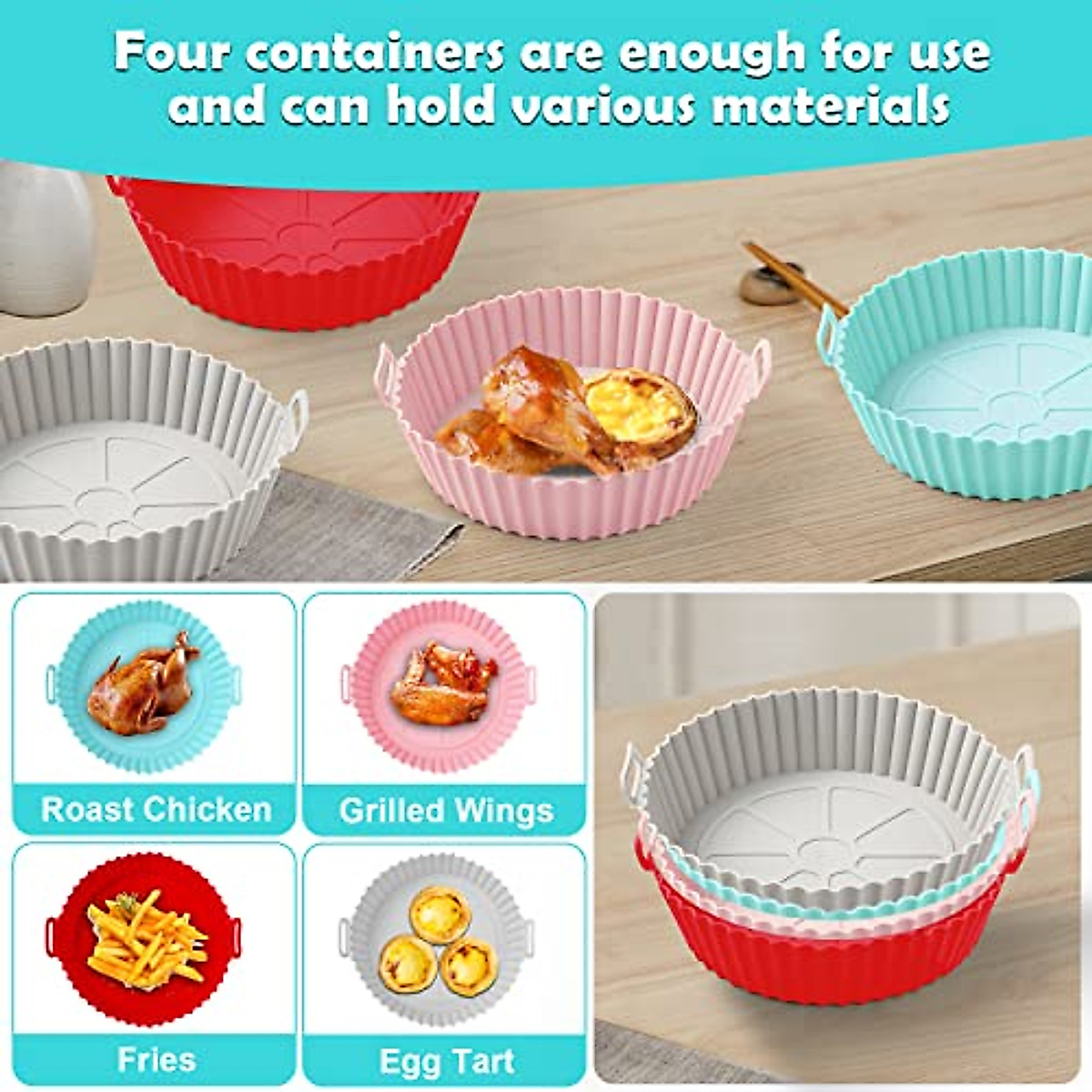 BDYKJYM 4Pcs Air Fryer Silicone Liners,Reusable Air Fryer Silicone Basket,Replacement Of Flammable Parchment Paper, Heat Resistant Easy Cleaning Air Fryers Oven Accessories(Top 7.9in, Bottom 6.9in)