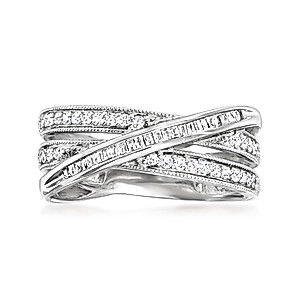 Ross-Simons 0.33 ct. t.w. Round and Baguette Diamond Crisscross Ring in Sterling Silver. Size 10