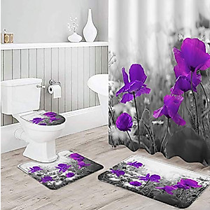 4 Pieces Bathroom Shower Curtain with Mats Set Purple Poppy Floral Grey Botanical Back,Non-slip Bath Rugs Toilet Lid Cover and U-shaped Carpet,Elegant Flower Watercolor Doormats Waterproof Curtains