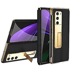 EAXER Compatible with Samsung Galaxy Z Fold 3 5G Case Metal Stand Front with Tempered Glass Cover Luxury Leather Hybrid Plating PC with Kickstand Cover Shockproof Protective Fold Case (Black)