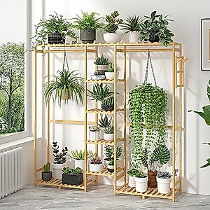 UDEAR Garment Rack Bamboo Clothes Rack for Hanging Clothes,Clothing Racks Storage Organizer with 2 Rods,5 Shelves and 2 Hooks,Multi-Functional Wardrobe Closet