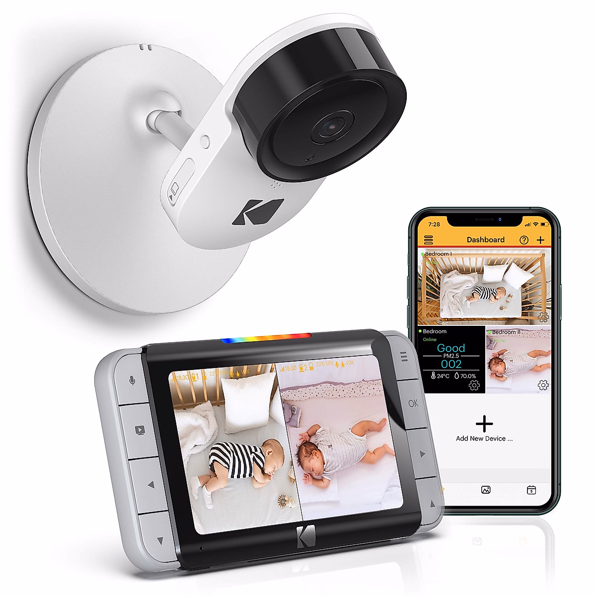 KODAK Cherish C520 WiFi Indoor Video Baby Monitor with Above-The-Crib View, Parent Unit for Constant Monitoring and Phone App for Quick Check-in