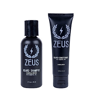 ZEUS Travel Size Beard Wash & Beard Conditioner Set for Men – Soften, Hydrates & Moisturizes - MADE IN USA (Sandalwood)