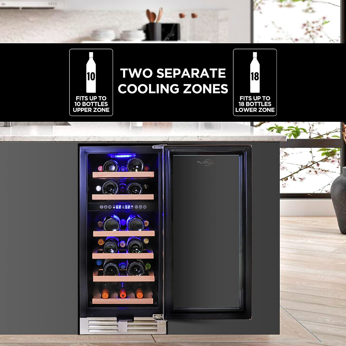Koolatron 28 Bottle Dual Zone Wine Cooler Refrigerator 15Inch Under Counter or Wine Chiller with Lock UV Protective Glass Beechwood Racks Wine Cellar Wine Fridge