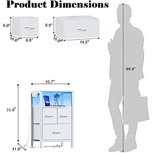 Furnulem Night Stand, Storage Side Table with Charging Station, LED, USB Ports and Outlets, Bedside Table with Fabric Bins, Nightstand with Open Shelf, Small End Table for Bedroom (3 Drawer, White)
