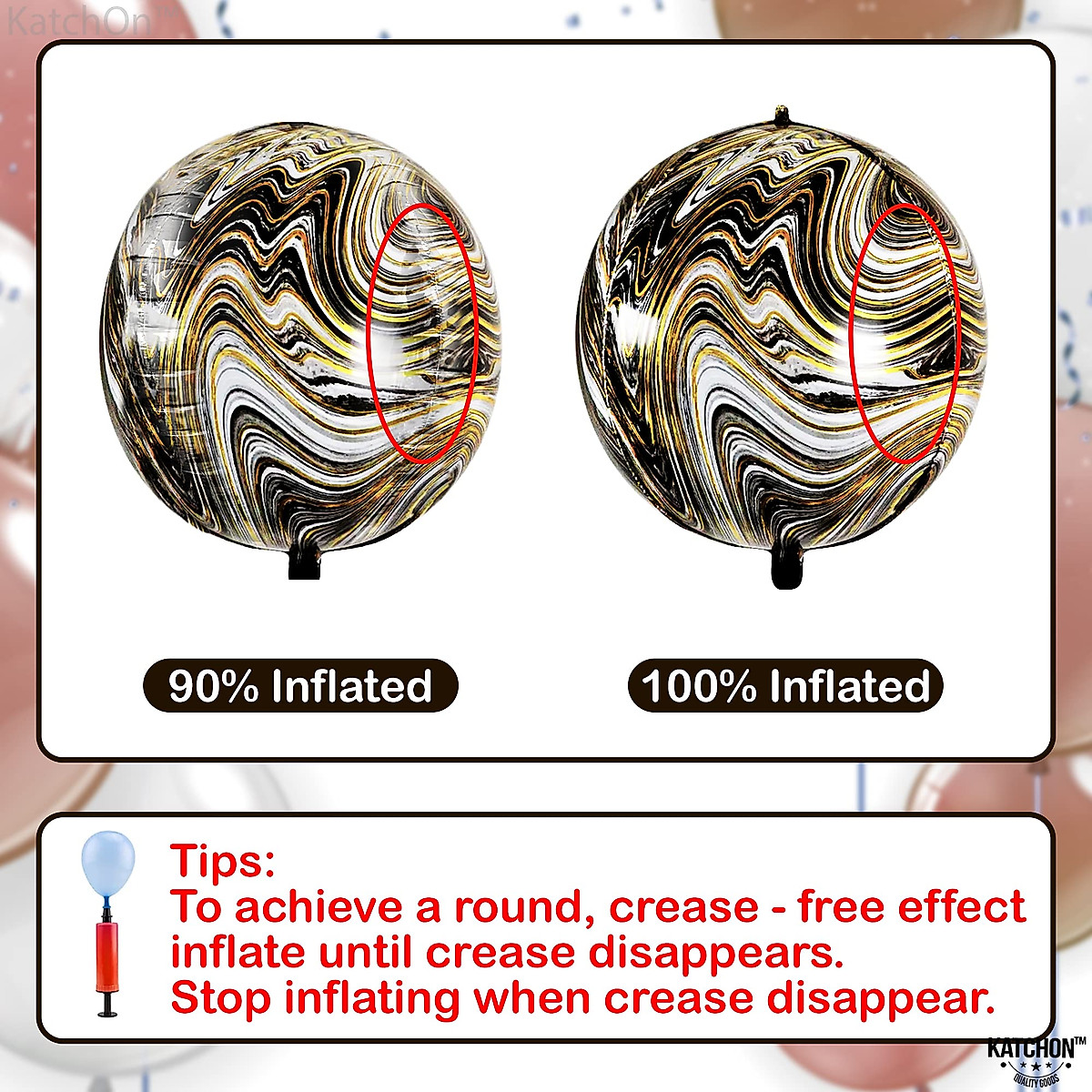 KatchOn, Black and Gold Marble Balloons - 22 Inch, Pack of 6 | Round 4D Marble Black and Gold Balloons, Gold and Black Balloons | Black Agate Balloons | Halloween Balloons for Halloween Decorations