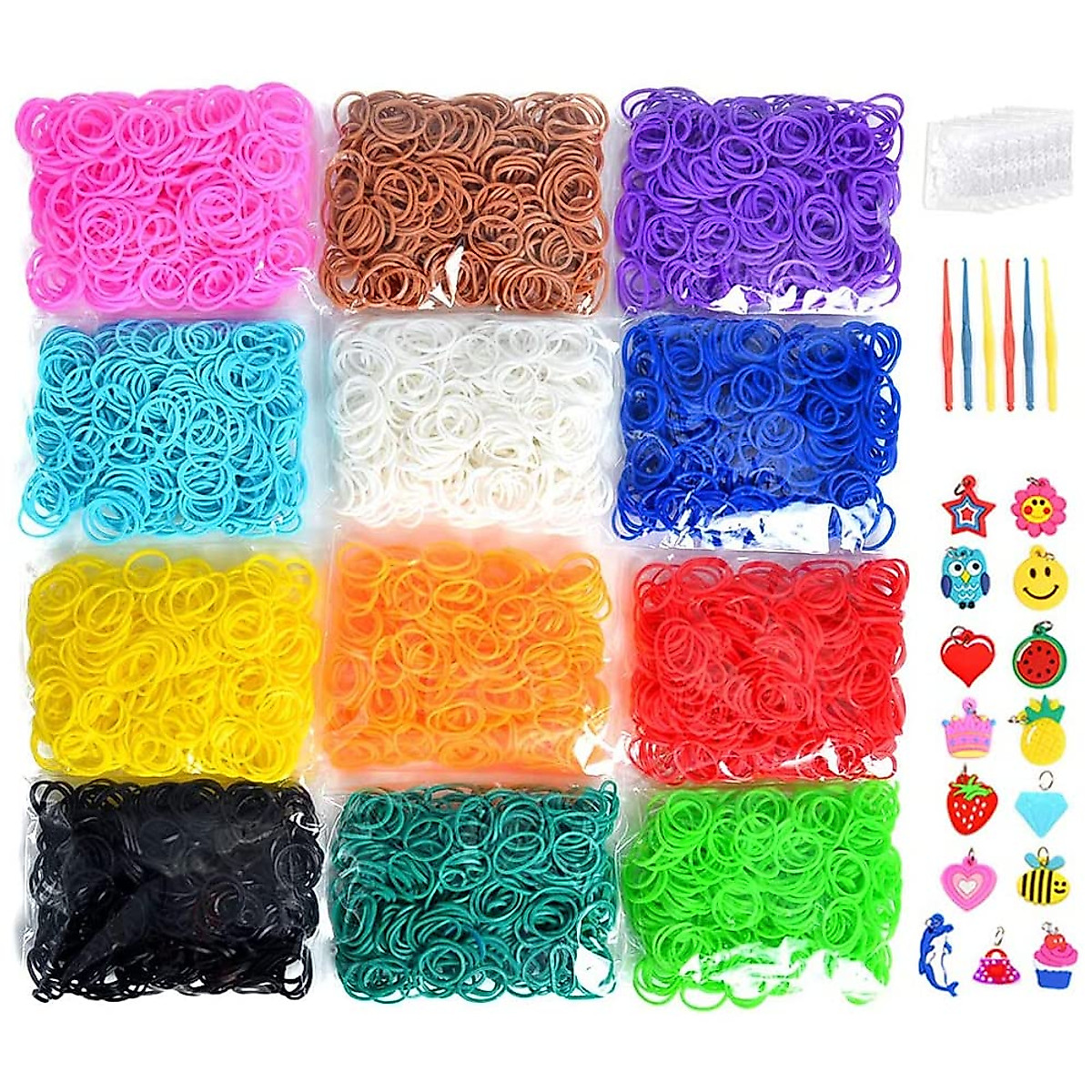 5400+ Colorful Rubber Bands Refill Set Includes: 4800+ Premium Quality Loom Rubber Bands in 12 Unique Colors + 300 S-Clips + 15 Lovely Charms + 6 Crochet Hooks, No Loom Board Include.