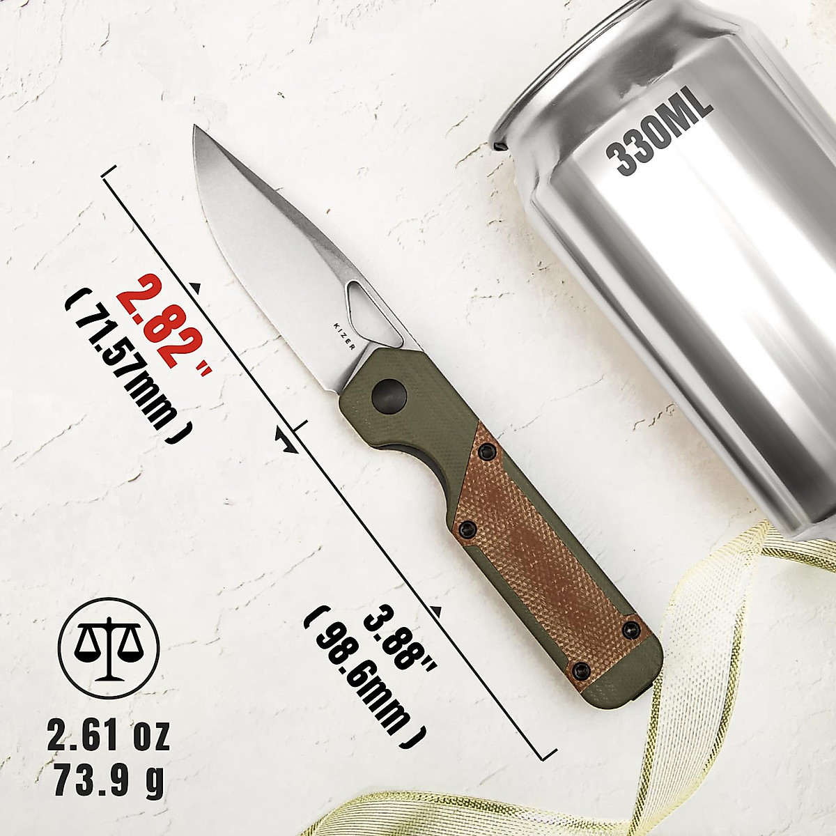 Kizer Mini Militaw Pocket Knife for EDC, 2.82'' D2 Blade Folding Knife, Brown & Green G10 Handle Small EDC Knife with Pocket Clip, Camping Hunting Knife for Men Women Gift V3634SM2