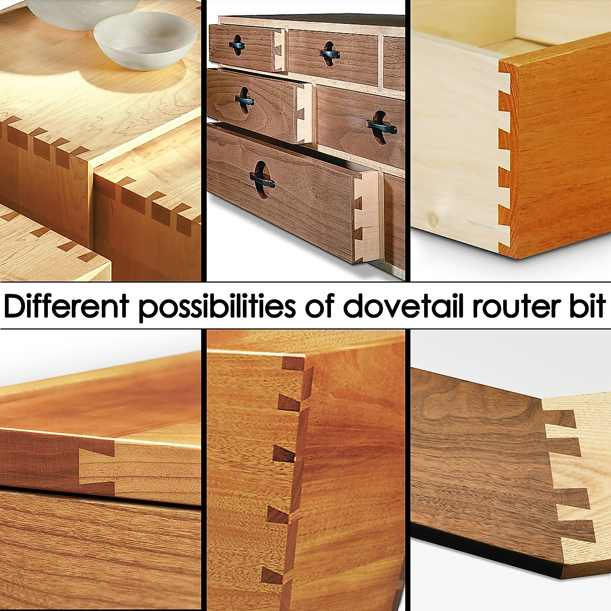 KOWOOD Dovetail Router Bit Set 6 Sizes with 1/4 Inch Shank ,Cutting Dia in 1/4" 3/8" 1/2" 5/8" 3/4" 7/8" Wood Milling Cutter Tool for Making Boxes Drawers Chests,Great for Craftsman Woodworking