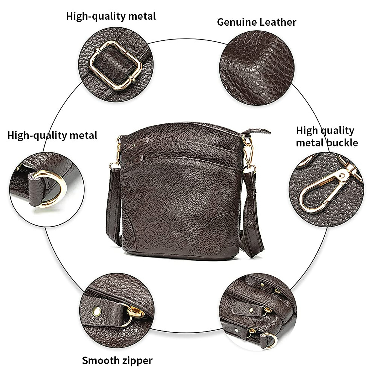 Lecxci Genuine Leather Cross Body Purses Zipper Wallets Shoulder Bags for Womens (S, Coffee)