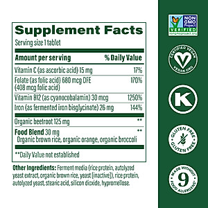 MegaFood Blood Builder - Iron Supplement Clinically Shown to Increase Iron Levels Without Side Effects - Iron Supplement for Women with Vitamin C, Vitamin B12 and Folic Acid - Vegan - 30 Tabs