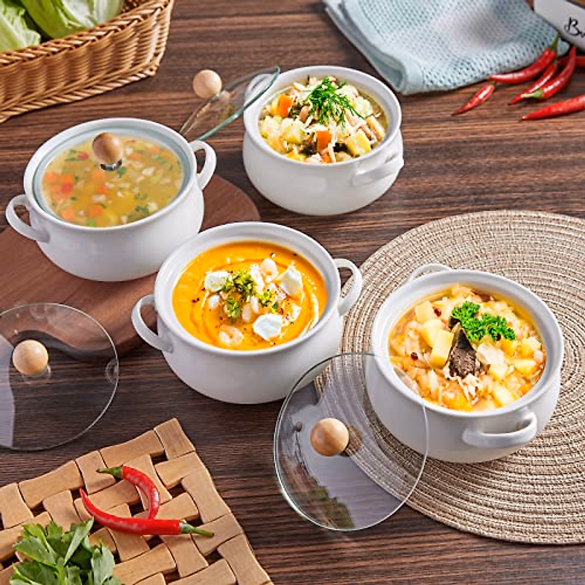 ALELION Small French Onion Soup Bowls, 18 OZ Soup Crocks with Double Handles and Glass Lids, Oven Safe Soup Bowls for Stew Chili Cheese Pot Pie Casseroles, Housewarming Gifts, Set of 4, White